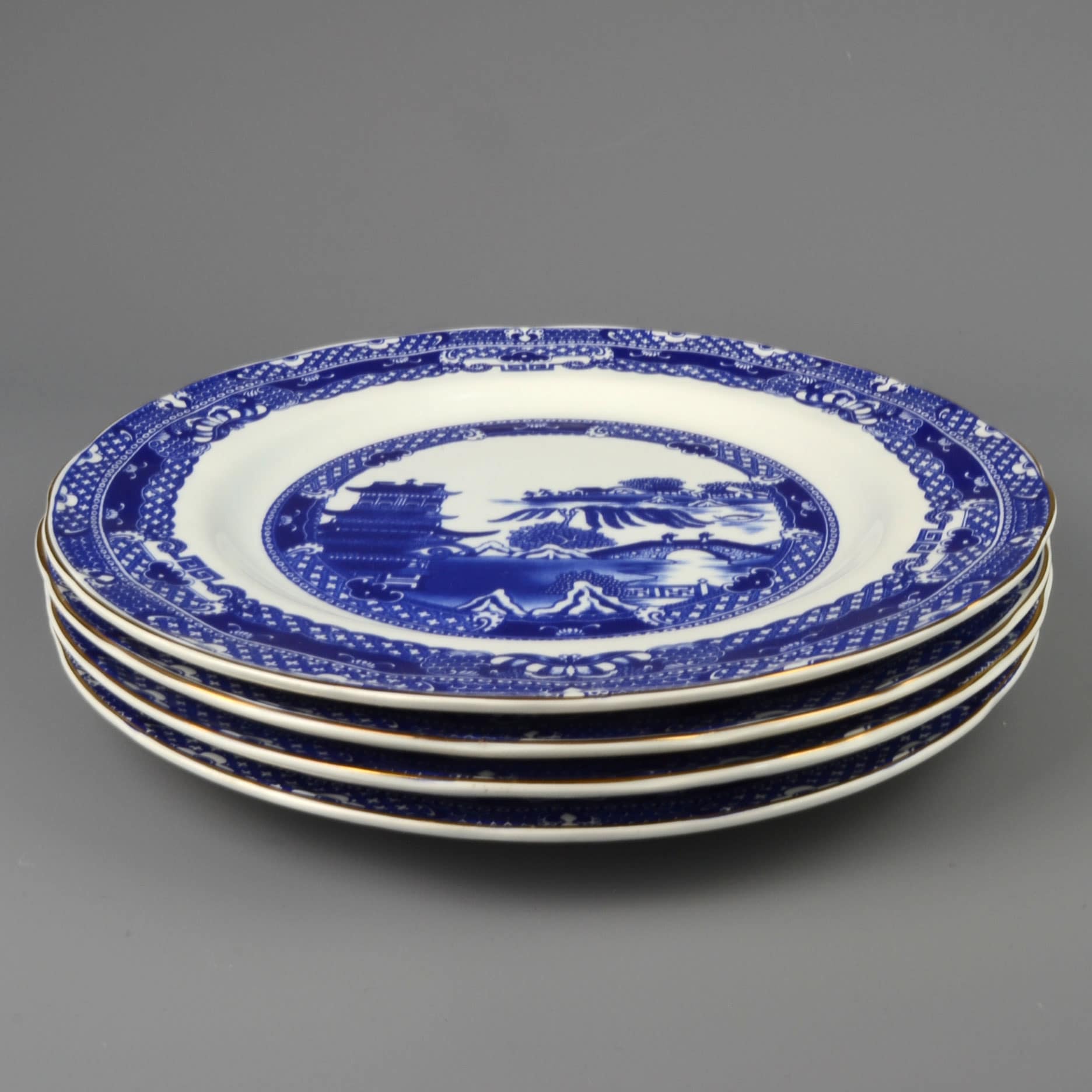 Wade for Ringtons Blue & White Willow Pattern 4 x Dinner Plates - Retro Zen